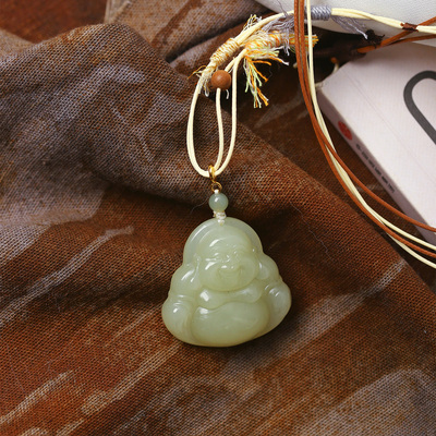 天然和田玉黄口料雕刻弥勒佛款吊坠 手工雕刻玉石挂坠饰品