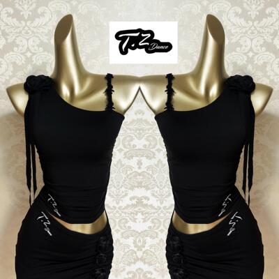 辣妹风立体花朵飘带上衣拉丁舞高级练功服女带胸棉教课舞服套装