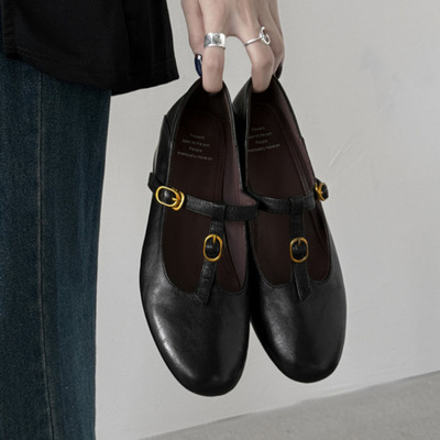 2cm时尚圆头粗跟复古玛丽珍鞋女百搭纯色丁字带浅口牛皮低跟单鞋