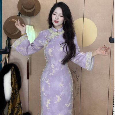 LHMknk1画报夫人原创自制秋冬麂皮绒珠链蕾丝新式旗袍  紫花太太