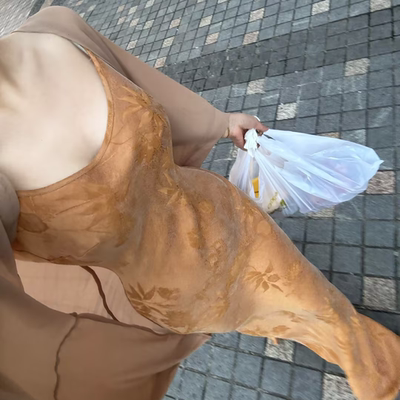 LHMknk1画报夫人原创自制富贵显瘦连衣裙 铜氨人丝奶茶色吊带