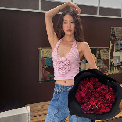 粉玫瑰抽褶V领纯欲风吊带背心女