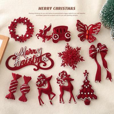 圣诞节christmas装饰品红色植绒诞花环蝴蝶结麋鹿挂件圣树小挂饰