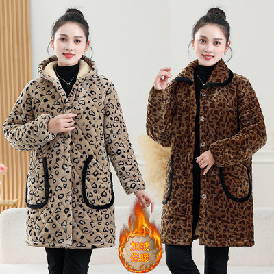 冬季中老年女豹纹加绒加厚棉服