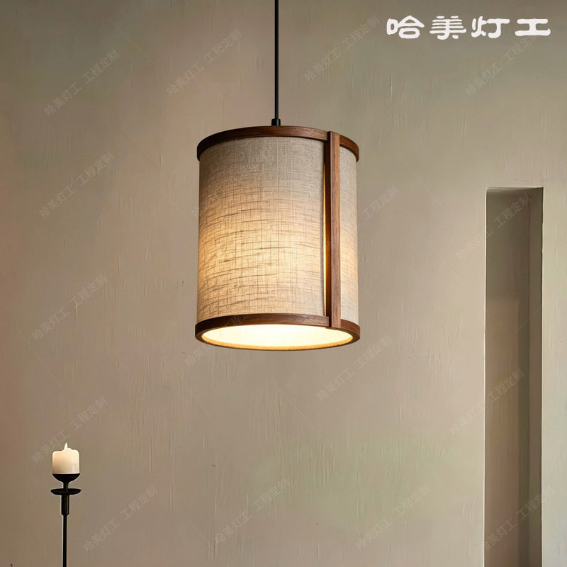 现代新中式圆形布艺小吊灯餐厅吧台过道餐饮卡座吊灯带射灯山野风