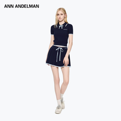 ANN ANDELMAN蝴蝶结针织POLO衫修身显瘦翻领撞色休闲短袖T恤上衣