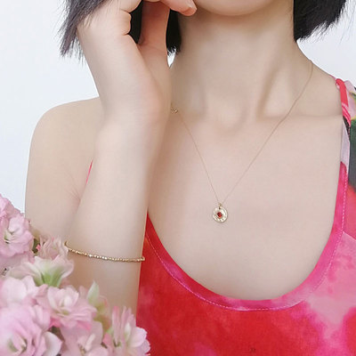 法国5 Octobre红色石榴石锁骨项链镀金细链法式气质设计师精致