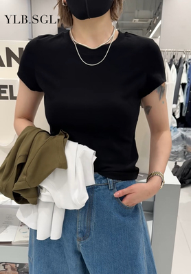 58171诗歌兰女装2025夏款 气质黑色收腰显瘦后中线圆领短袖T恤女