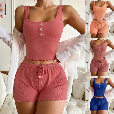 Pajama women's open chest button vest shorts set女背心短裤