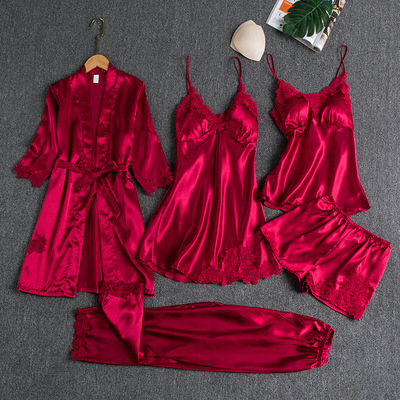 Women's Ice Silk Sexy Long Sleeve Bathrobe Five Piece Set女