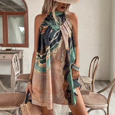 Sleeveless round neck printed sexy dress无袖印花性感连衣裙