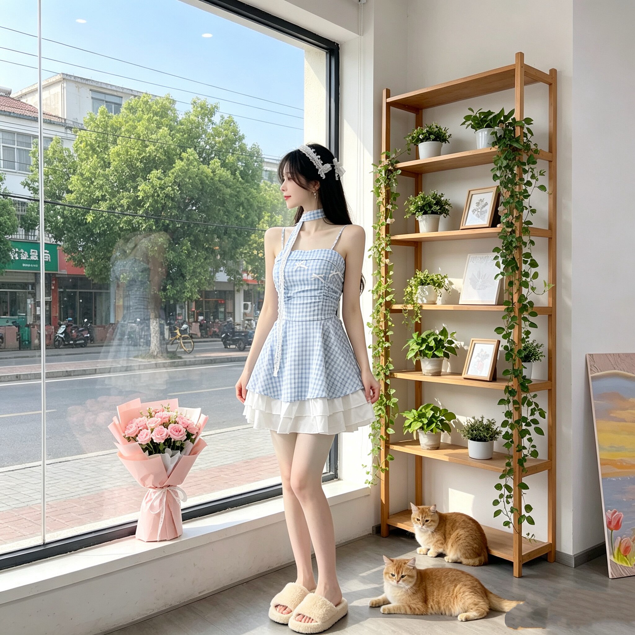 早春季法式挂脖吊带连衣裙子女夏2026新款巨好看气质格纹蓬蓬短裙