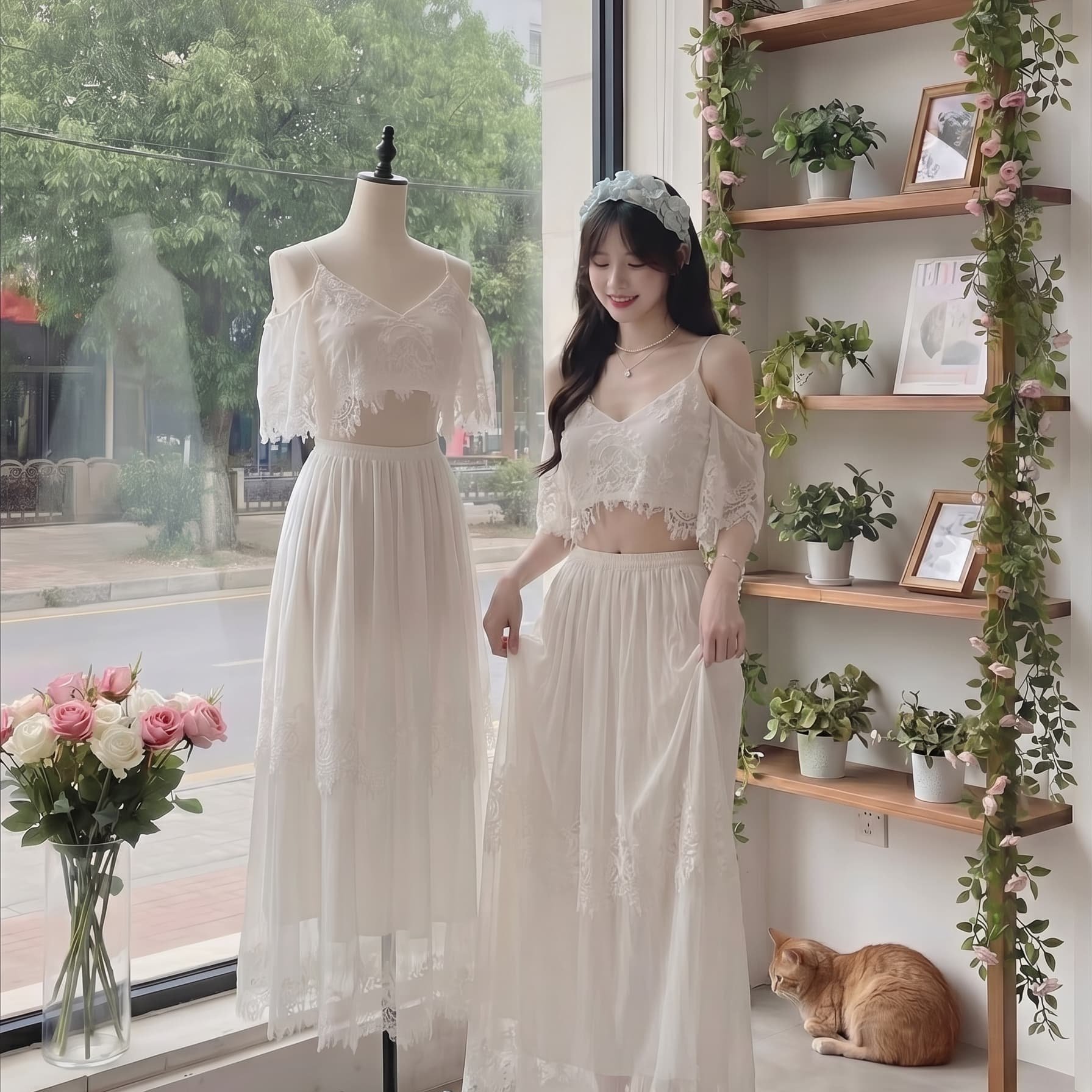 OKMASHOP "月光华尔兹" 白色度假套装女夏蕾丝边吊带+半裙两件套