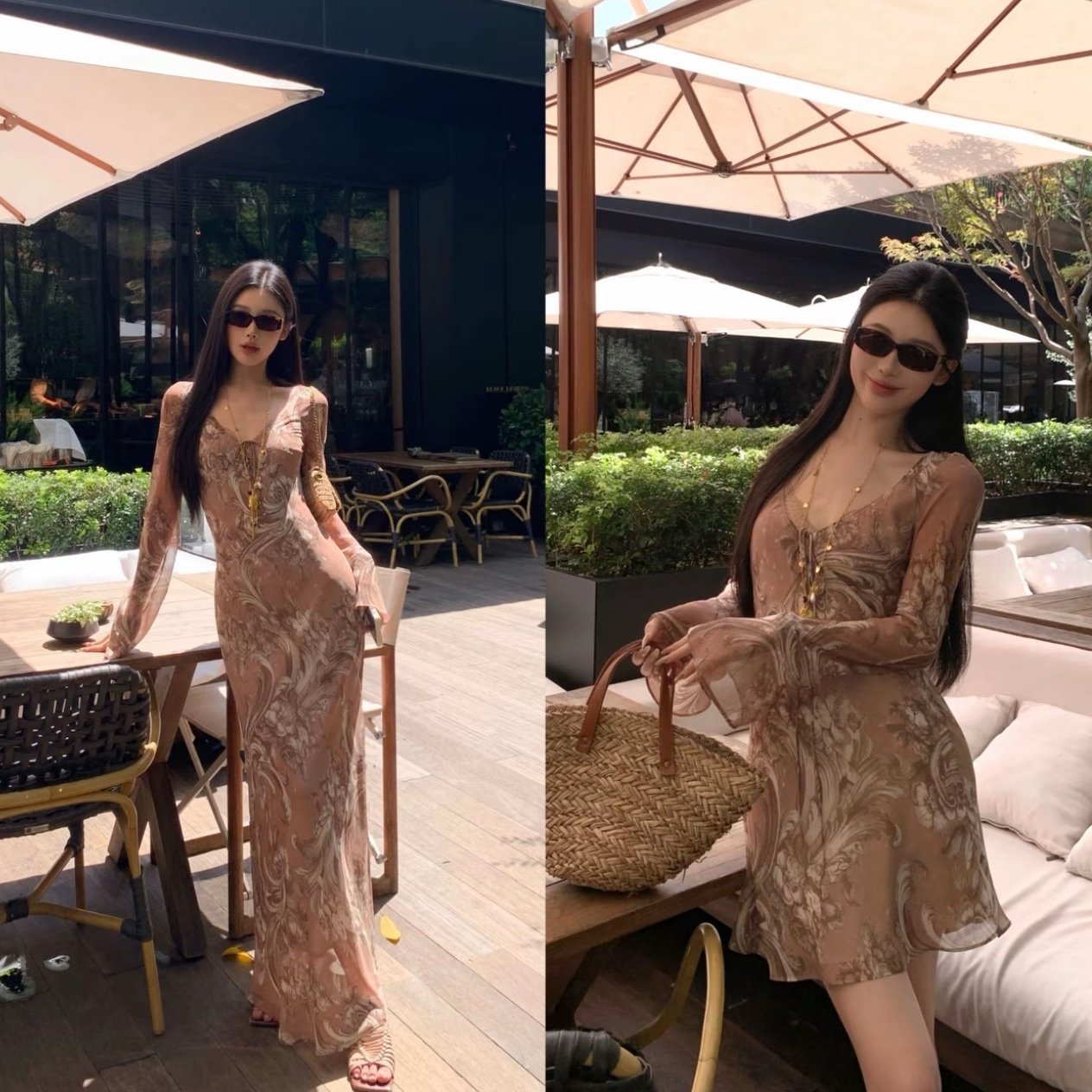 現货 Liora “油画小镇”法式气质收腰显瘦印花喇叭袖连衣裙