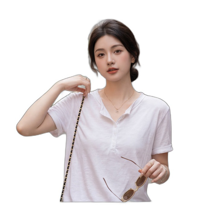 韩版慵懒风竹节棉宽松百搭T恤女装夏季短袖正肩设计感休闲薄上衣