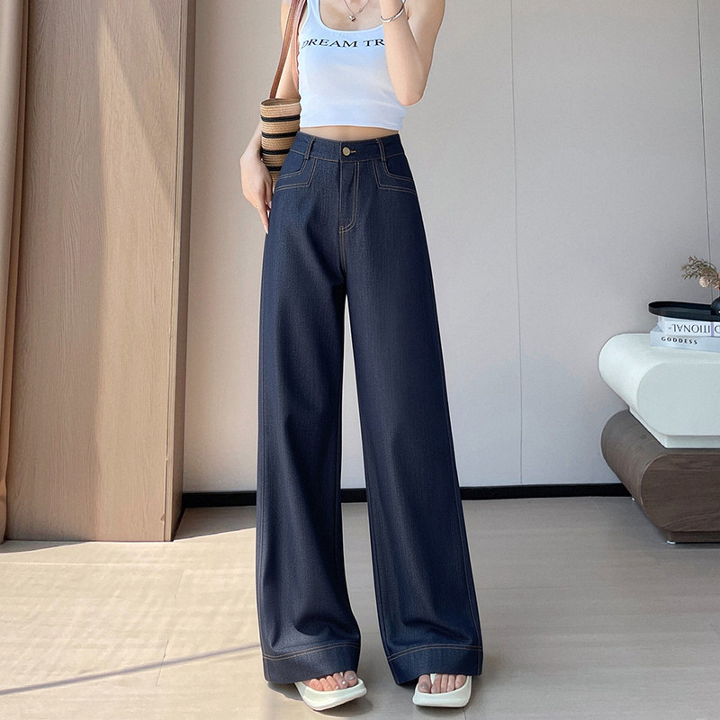 仿天丝牛仔裤女2026新款夏季薄款深蓝色复古明线高腰直筒阔腿裤子