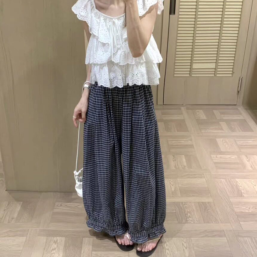 巨藏肉 新款百搭花边阔腿裤夏季新款长裤日系显瘦格子休闲裤女