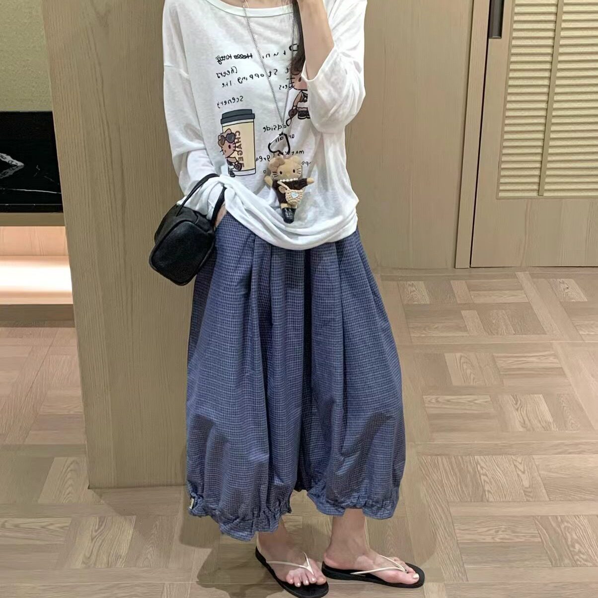 日韩系木耳边格纹灯笼气球阔腿裤女夏慵懒风抽绳休闲花苞七分裤子