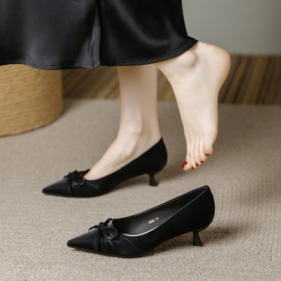 法式小跟蝴蝶结高跟单鞋女
