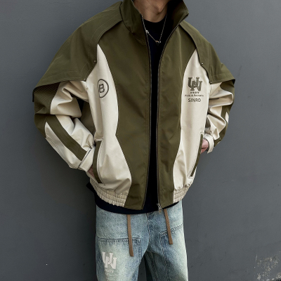 巳蛇刺绣拼色双拉链短款夹克男女