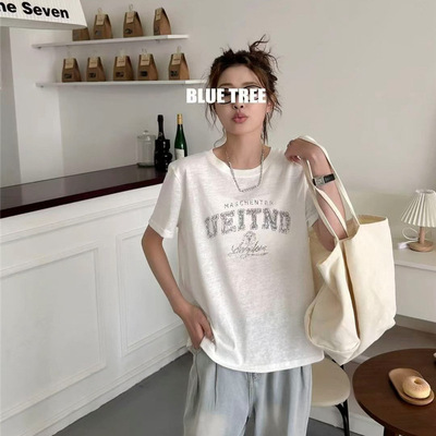 BLUE TREE蓝树正品夏季新款圆领女式T恤时尚破碎字母透气薄棉小衫