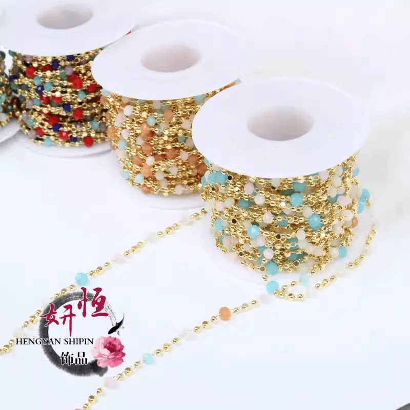 保色18K包金水晶闪锆切面水晶珠小金珠手工散链子diy首饰品配链条