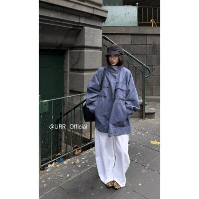 日了个韩｜复古巴恩风阔版显瘦洗水立领中长款多口袋工装风衣外套