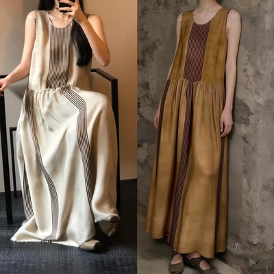 小众设计UMA风条纹植物染复古无袖连衣裙女气质显瘦背心裙