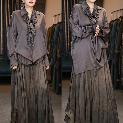 小众设计 uma风暗黑系列植物染木耳边复古长袖宽松显瘦衬衫