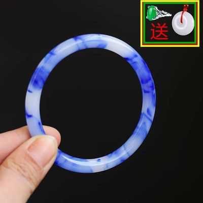 玉手镯 细圆条手镯 新疆和田玉戈壁玉金丝玉飘花手镯 青花瓷玉镯