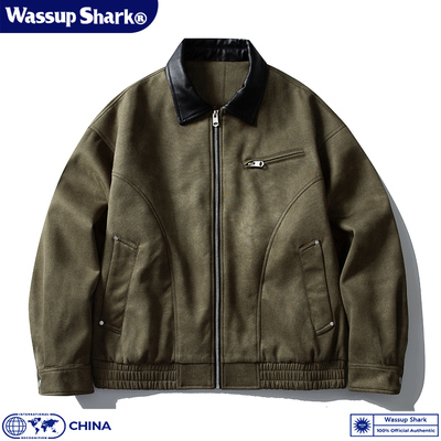 美式复古麂皮绒翻领撞色夹克男