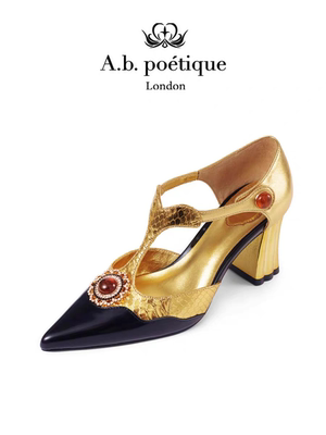 A.b.Poétique时装鞋福音书高跟鞋宝石扣带方跟复古优雅时尚单鞋