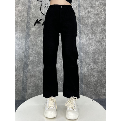 韩版直筒加绒牛仔裤冬季高腰半松紧腰遮胯宽松窄版九分老爹裤子潮