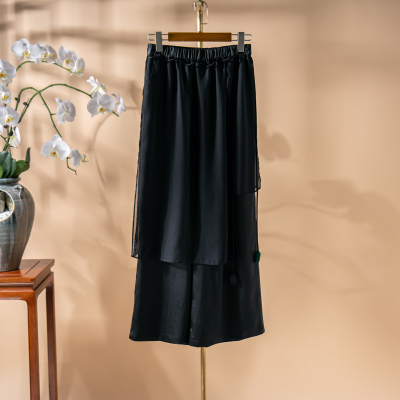 蓝大黑色香云纱阔腿裤