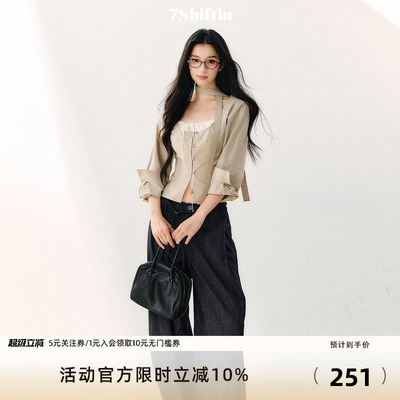 7Shiftin 原创设计挂脖飘带衬衫休闲假两件拼接上衣纯欲简约长袖