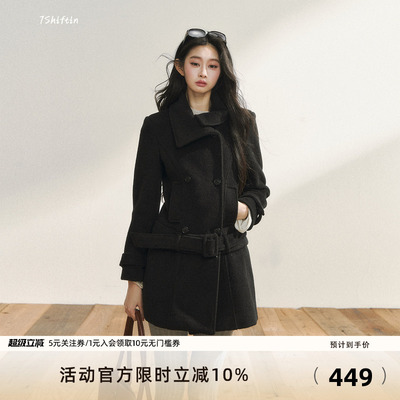 7Shiftin 原创黑色毛呢外套秋冬款双排扣高级可拆卸下摆呢子大衣