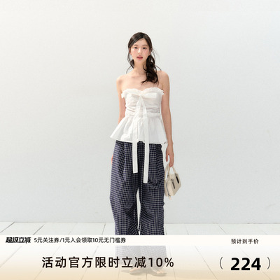 7Shiftin原创设计春夏新款慵懒休闲蓝色直筒格纹裤宽松垂感阔腿裤