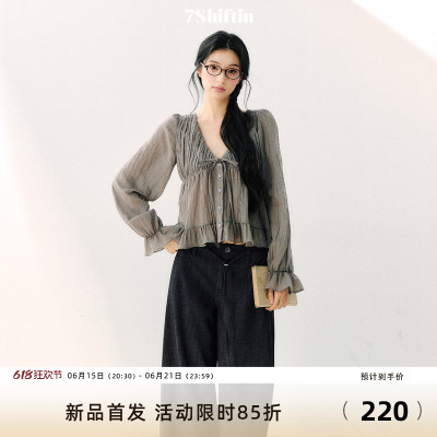 7Shiftin原创设计纯欲风荷叶边长袖柔和宽松雪纺衫V领透气上衣女