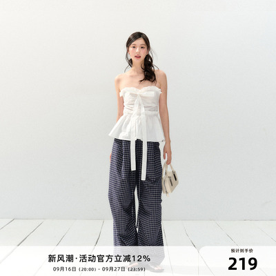 7Shiftin原创设计春夏新款慵懒休闲蓝色直筒格纹裤宽松垂感阔腿裤