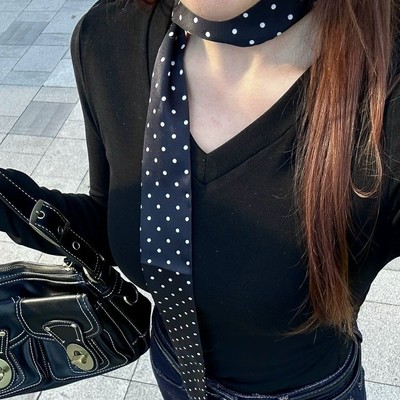 黑色波点细窄长丝巾包包衬衫丝带