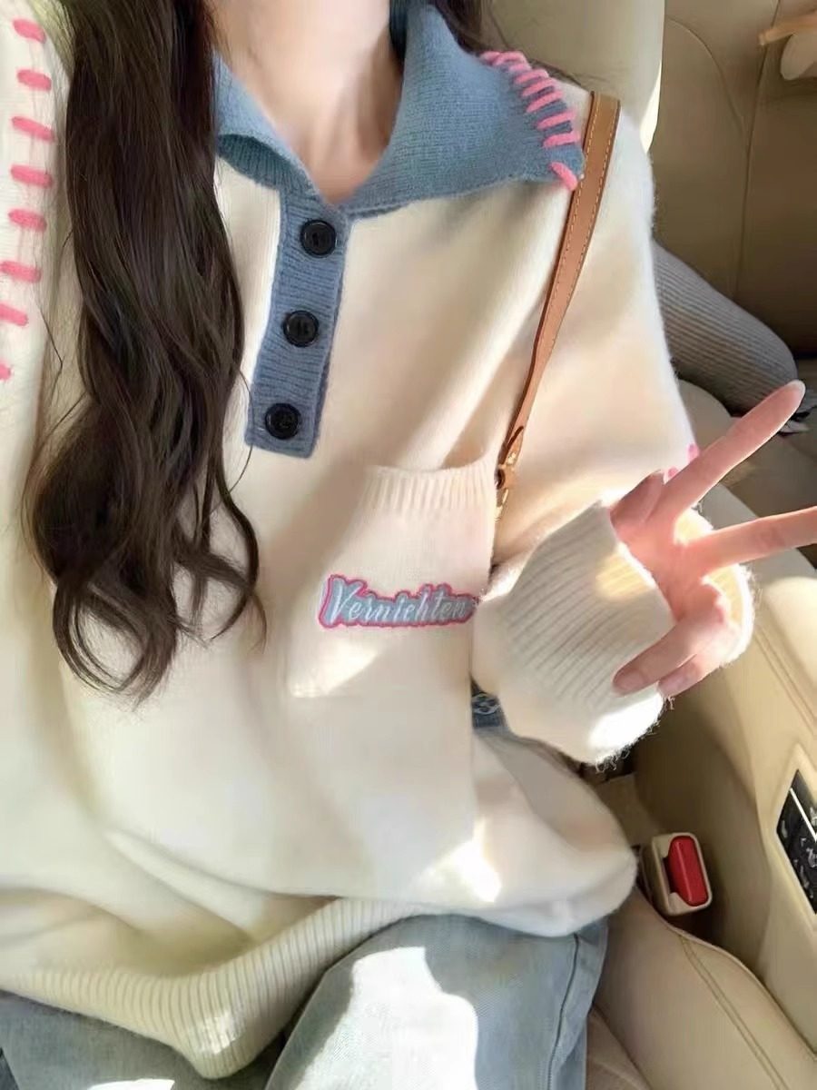 学院风polo领毛衣女秋冬设计感小众oversize慵懒风软糯针织衫外套虎窝淘 8374