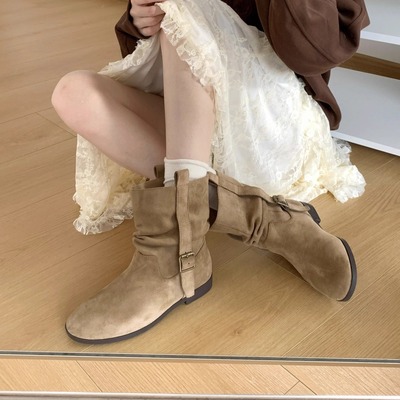 法式复古黑色褶皱西部牛仔短靴女2025年新款圆头瘦瘦靴平底堆堆靴