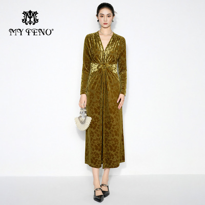 马天奴黄绿丝绒印花长款连衣裙