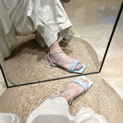 意大利轻奢专柜正品F羊皮绑带夏款女神性感凉鞋4220蓝色