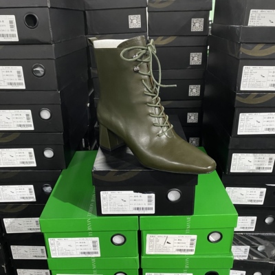 美国设计师买手高奢品牌J牛皮法式侧拉链方跟系带短靴4010军绿色