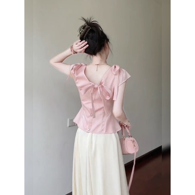 杨梅闲闲时尚洋气减龄显瘦遮肉粉色衬衫杏色半身裙两件套装女夏