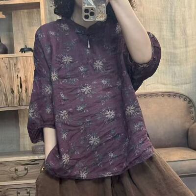 FF 7715 夏季新品苎麻花色复古文艺休闲百搭女士衬衫 胸围134长65
