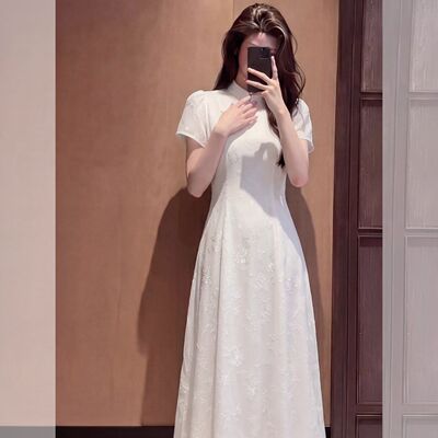 新中式朴素清冷感旗袍连衣裙女装夏季短袖收腰显瘦气质绝美长裙子
