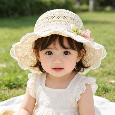 女宝宝遮阳帽子夏季薄款大帽檐婴儿防晒帽夏天女童透气太阳帽草帽