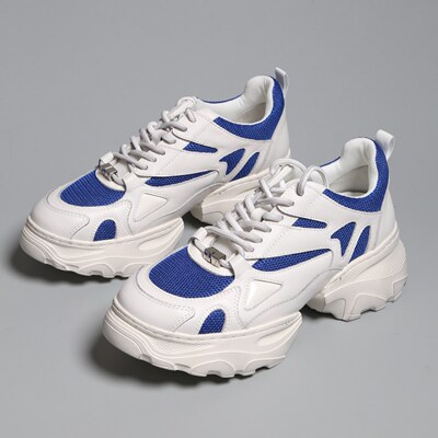 新款高品质牛胎皮面软底轻多层厚底羊皮运动休闲鞋女鞋老爹鞋